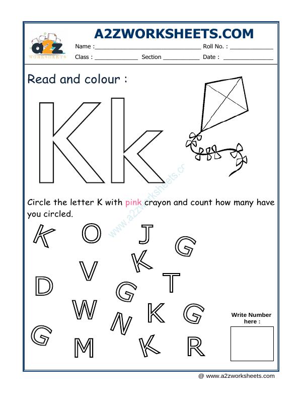 A2Zworksheets:Worksheet of Read And Colour K-Recognition-English