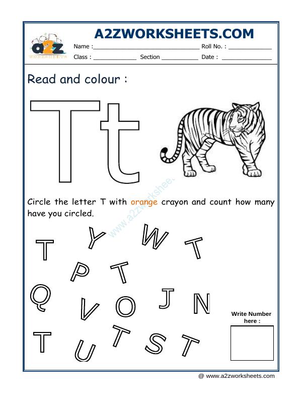 A2Zworksheets:Worksheet of Read And Colour T-Recognition-English