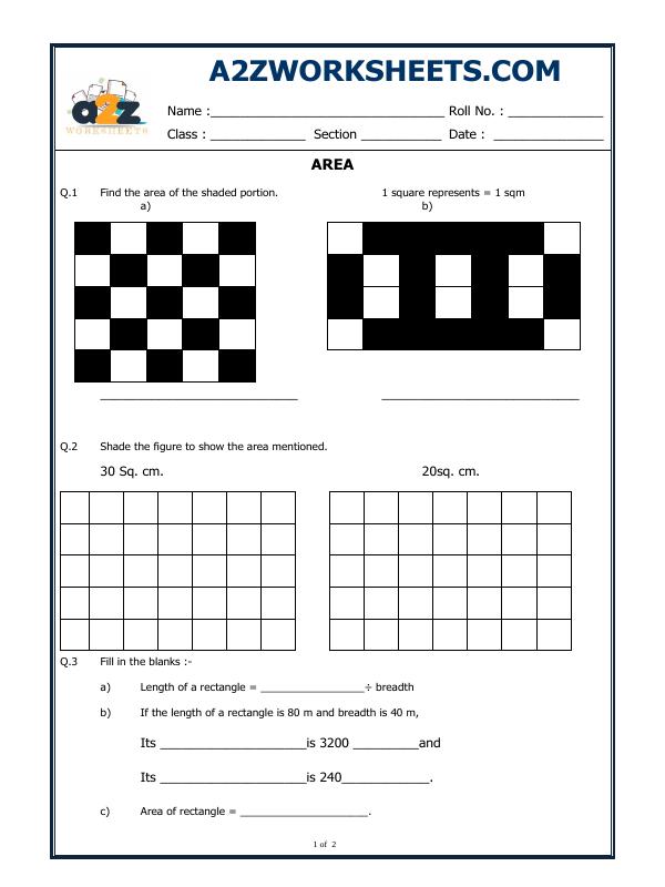 A2Zworksheets:Worksheet of Area-Measurement-Maths