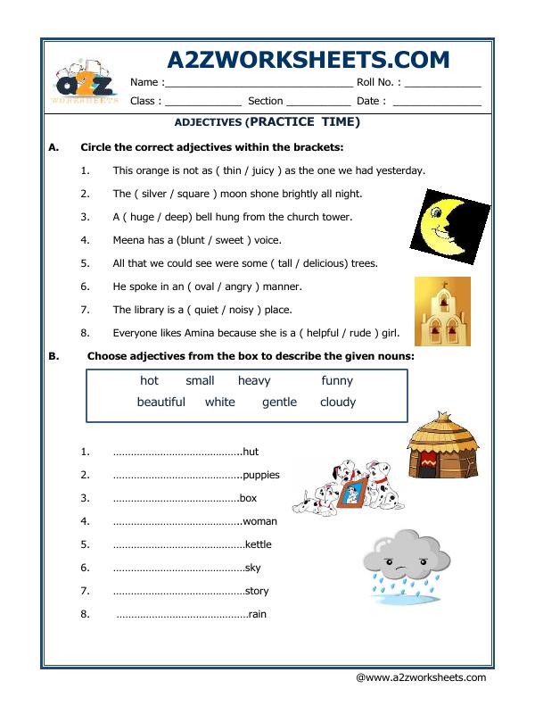 A2Zworksheets:Worksheet of Adjectives Practice Time-Grammar-English