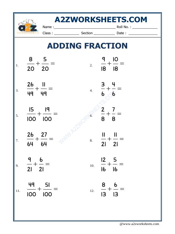 A2Zworksheets:Worksheet of Let's Practice Fraction Addition-04 ...
