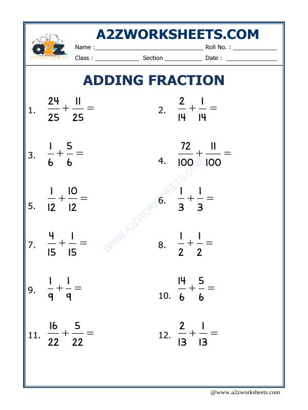 A2Zworksheets:Worksheet of Let's Practice Fraction Addition-06 ...
