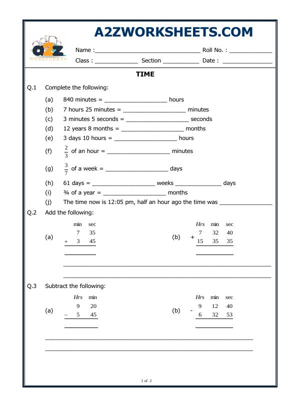 A2Zworksheets:Worksheet of Time-Measurement-Maths