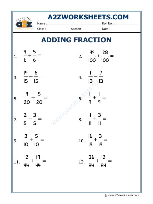 A2Zworksheets:Worksheet of Let'S Practice Fraction Addition-10 ...