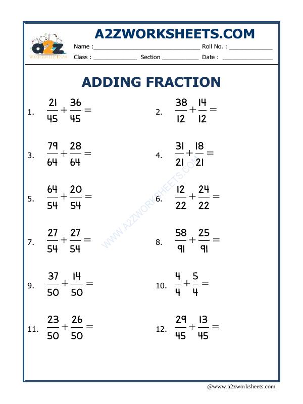 A2Zworksheets:Worksheet of Let'S Practice Fraction Addition-19 ...