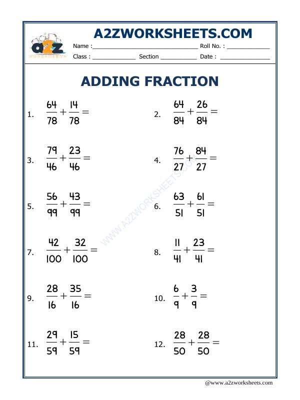 A2Zworksheets:Worksheet of Let'S Practice Fraction Addition-24 ...