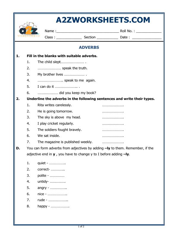 A2Zworksheets:Worksheet of Let's Practice Adverbs-02-Grammar-English