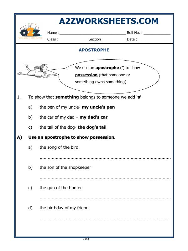 A2Zworksheets:Worksheet of Let's Practice Apostrophe-02-Grammar-English