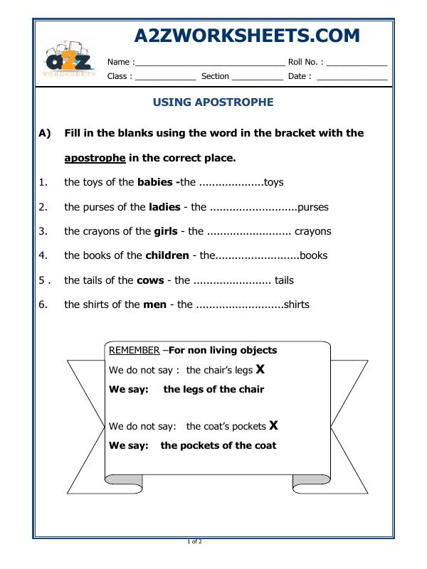 A2Zworksheets:Worksheet of Let's Practice Apostrophe-03-Grammar-English