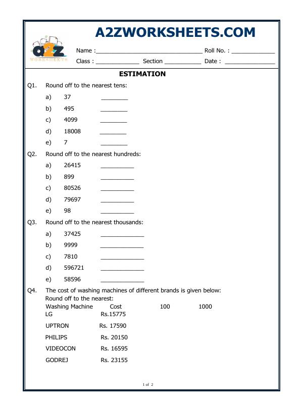 A2Zworksheets:Worksheet of Estimation-Numbers-Maths