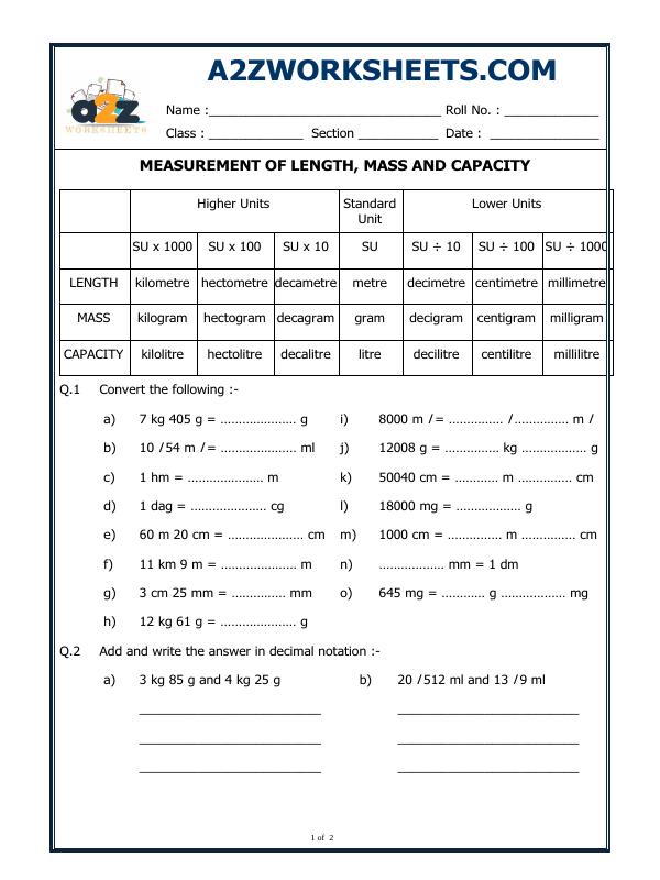 A2Zworksheets:Worksheet of Measurement Of Length, Mass And Capacity ...