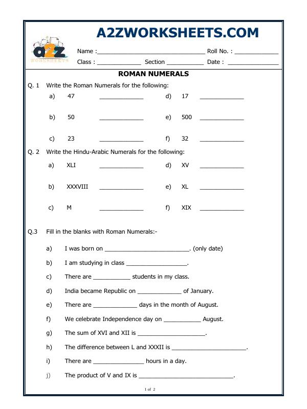 A2Zworksheets:Worksheet of Roman Numerals-Numbers-Maths