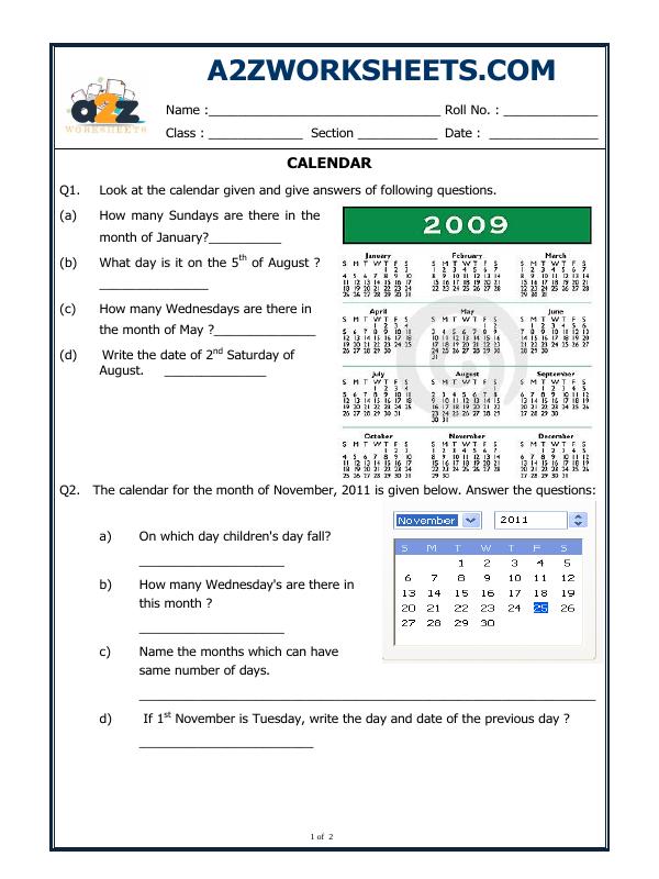 A2Zworksheets:Worksheet of Calendar-Calendar-Maths