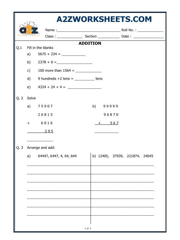 A2Zworksheets:Worksheet of Addition-Addition-Maths