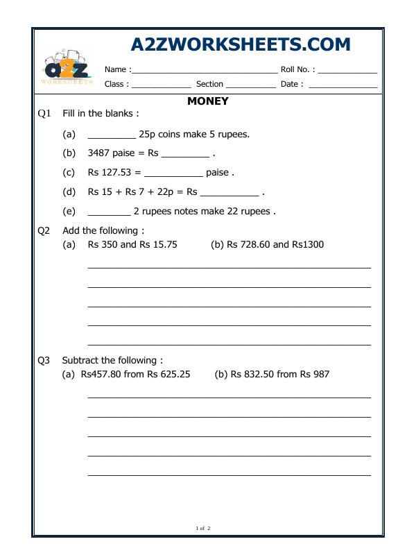 A2Zworksheets:Worksheet of Money-Money-Maths