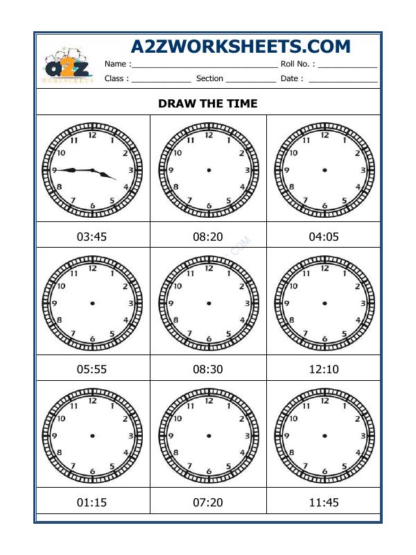 A2Zworksheets:Worksheet of Draw The Time - 06-Measurement-Maths