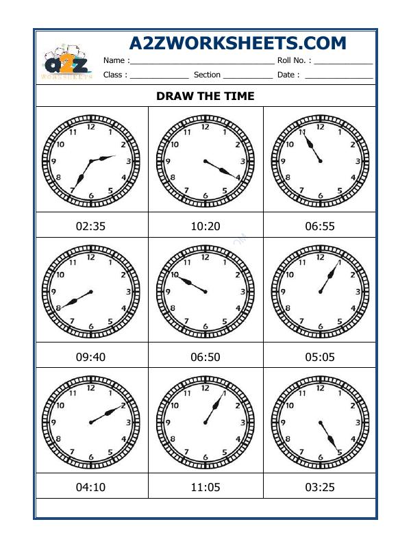 A2Zworksheets:Worksheet of Draw The Time - 23-Measurement-Maths