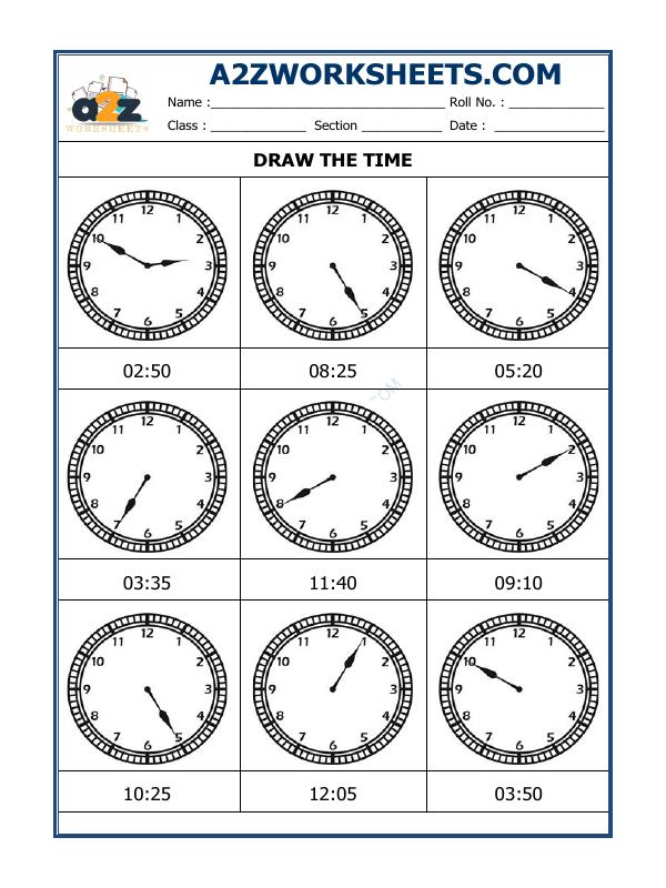 A2Zworksheets:Worksheet of Draw The Time - 28-Measurement-Maths