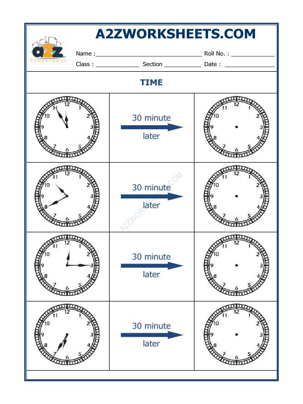 A2Zworksheets:Worksheet of Telling Time - 30 Minutes Interval (Draw The ...