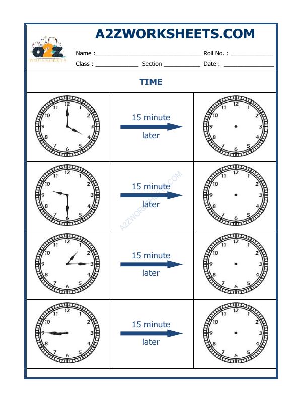 A2Zworksheets:Worksheet of Telling Time - 15 Minutes Interval (Draw The ...