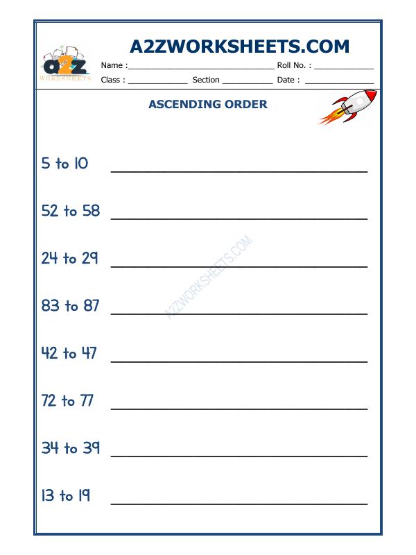 A2Zworksheets:Worksheet of Ascending Order-01-Numbers-Maths