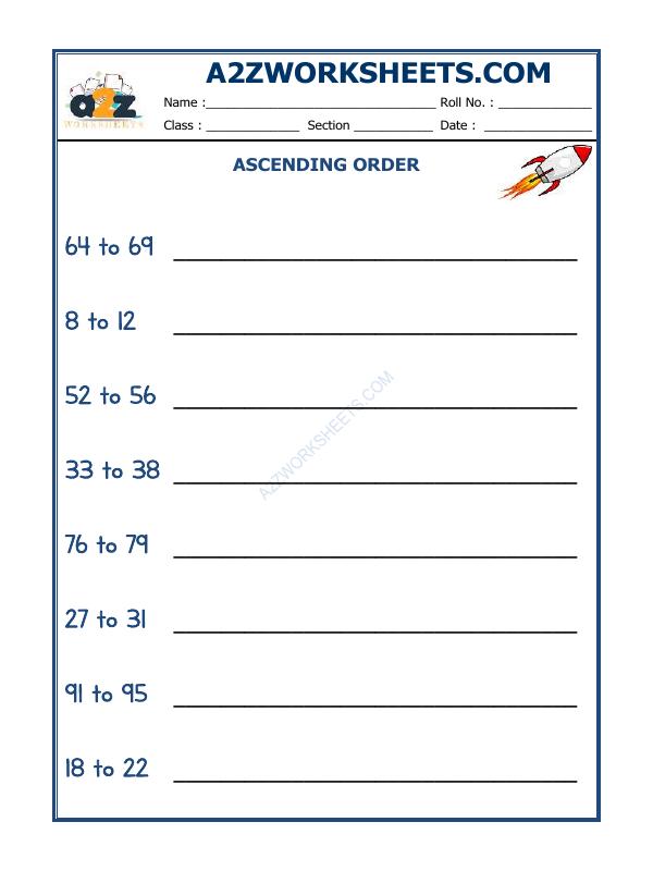 A2Zworksheets:Worksheet of Ascending Order-05-Numbers-Maths
