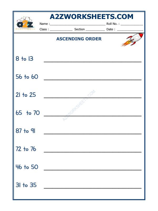 A2Zworksheets:Worksheet of Ascending Order-06-Numbers-Maths