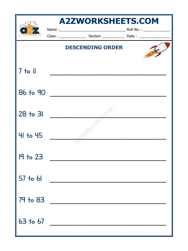 A2Zworksheets:Worksheet of Ascending Order-10-Numbers-Maths