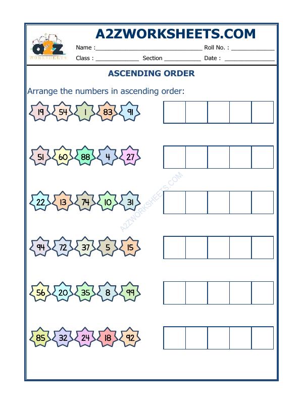 A2Zworksheets:Worksheet of Ascending Order-12-Numbers-Maths
