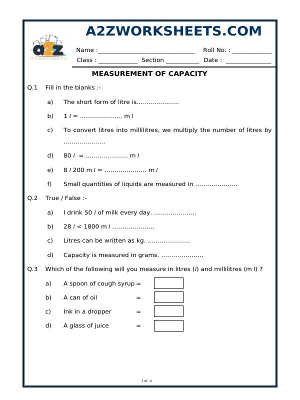 A2Zworksheets:Worksheet of Measurement Of Capacity-Measurement-Maths