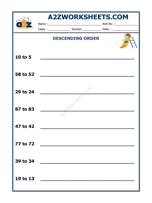 A2Zworksheets:Worksheet of Descending Order-03-Numbers-Maths