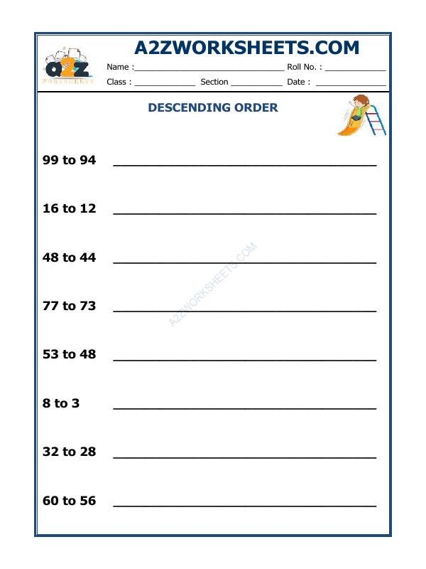 A2Zworksheets:Worksheet of Descending Order-05-Numbers-Maths