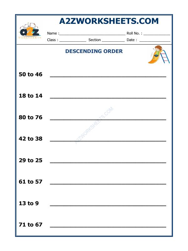 A2Zworksheets:Worksheet of Descending Order-10-Numbers-Maths