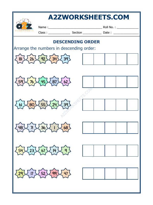 A2Zworksheets:Worksheet of Descending Order-16-Numbers-Maths