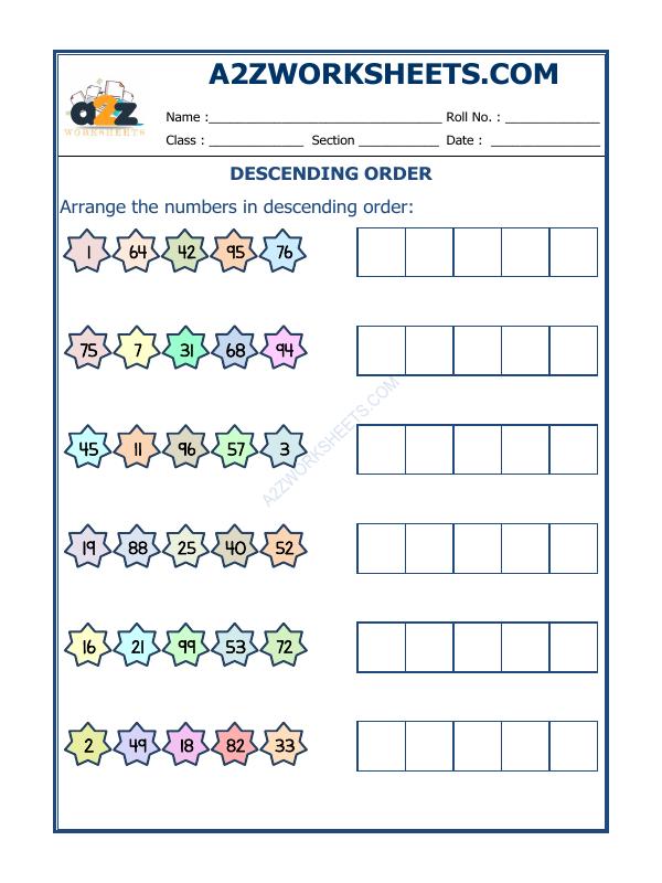A2Zworksheets:Worksheet of Descending Order-20-Numbers-Maths