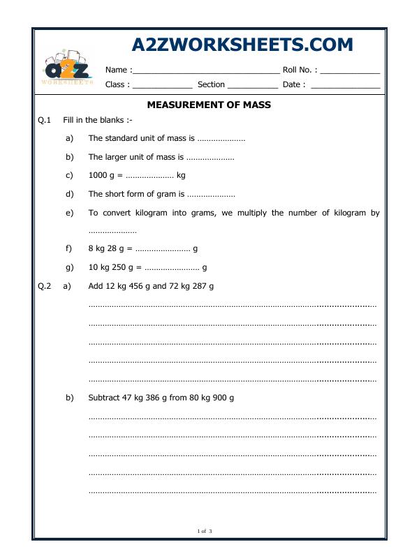 A2Zworksheets:Worksheet of Measurement Of Mass-Measurement-Maths