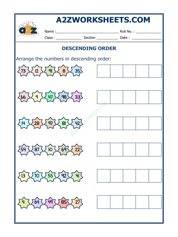 A2Zworksheets:Worksheet of Descending Order-21-Numbers-Maths