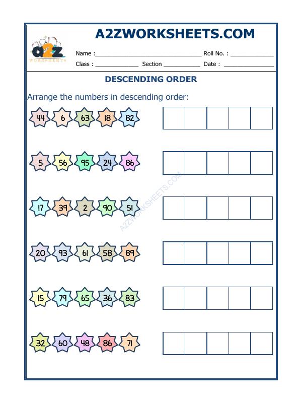 A2Zworksheets:Worksheet of Descending Order-22-Numbers-Maths