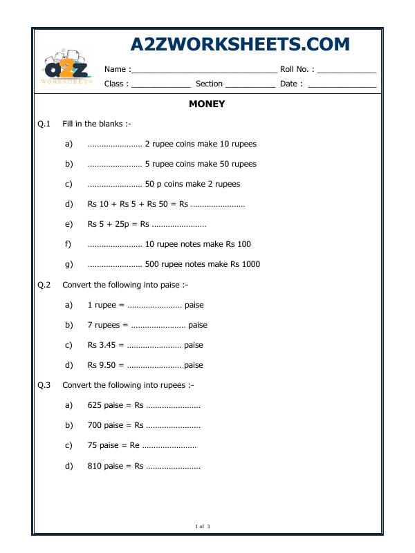 A2Zworksheets:Worksheet of Money-Money-Maths