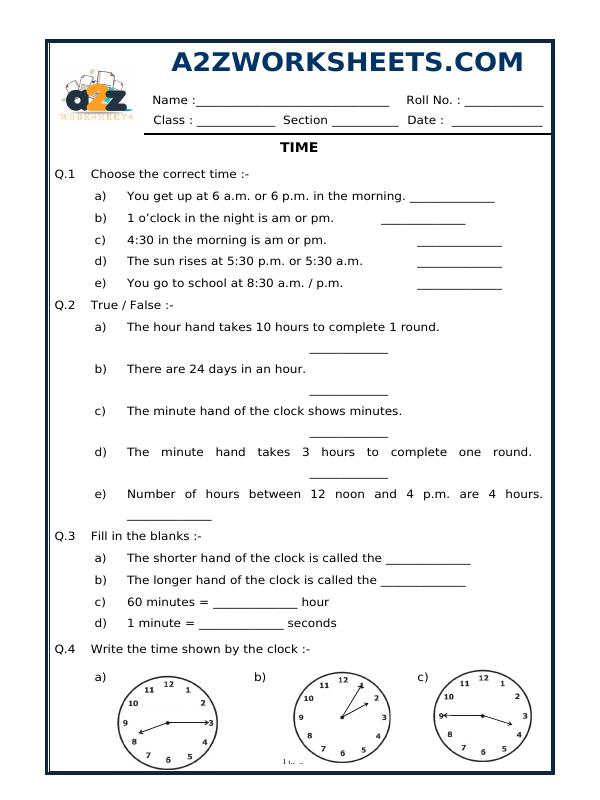 A2Zworksheets:Worksheet of Time-Measurement-Maths