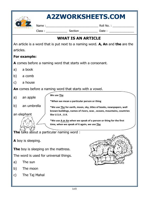 A2Zworksheets:Worksheet of Articles-Grammar-English