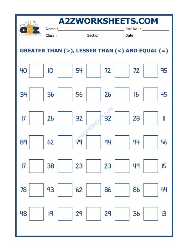 A2Zworksheets:Worksheet of Put The Sign Greater, Lesser And Equal To-16 ...