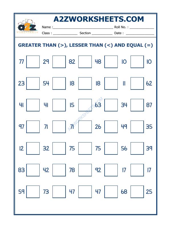A2Zworksheets:Worksheet of Put The Sign Greater, Lesser And Equal To-18 ...