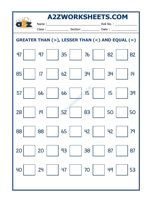 A2Zworksheets:Worksheet of Put The Sign Greater, Lesser And Equal To-23 ...