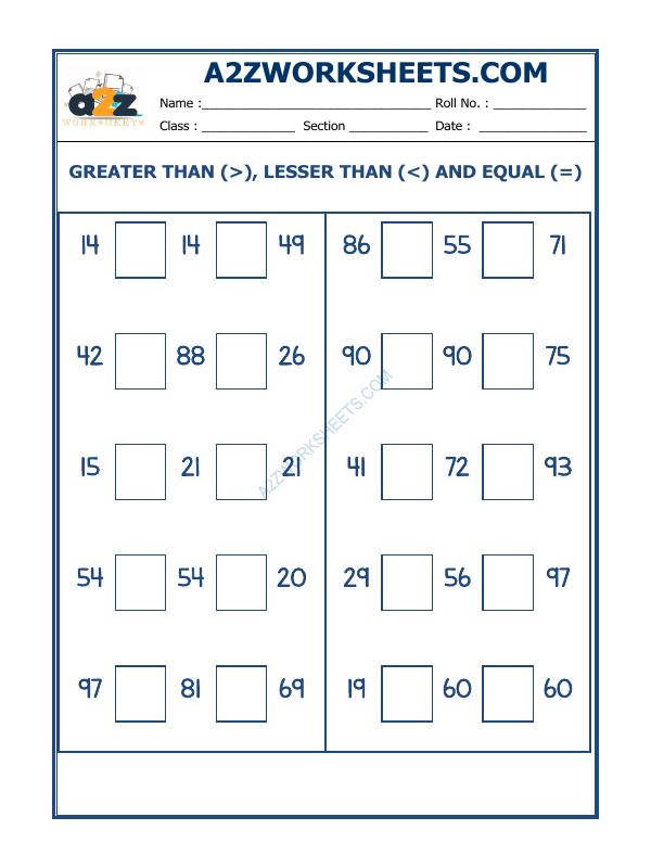 A2Zworksheets:Worksheet of Put The Sign Greater, Lesser And Equal To-25 ...