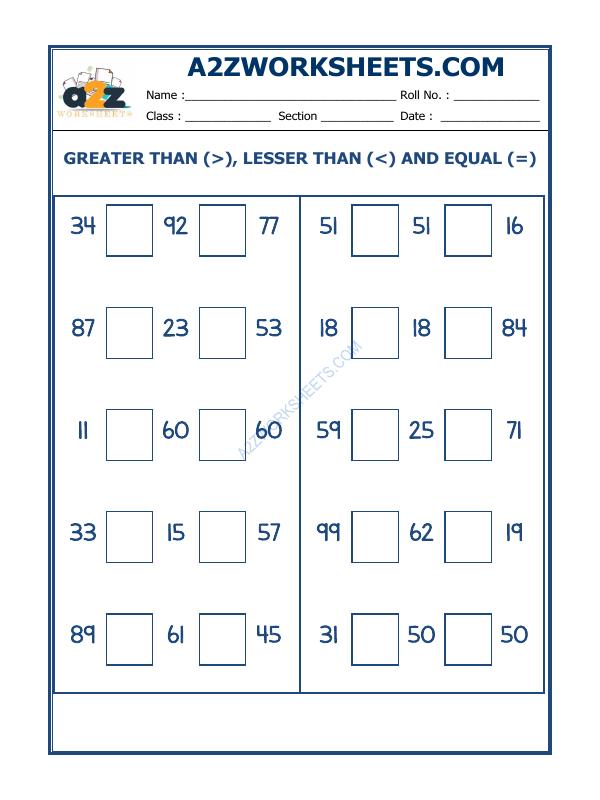 A2Zworksheets:Worksheet of Put The Sign Greater, Lesser And Equal To-28 ...