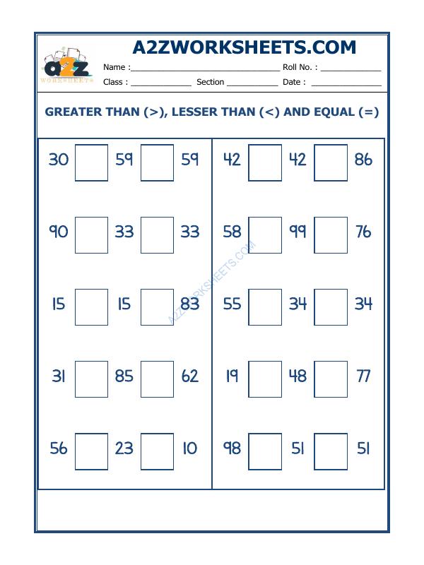 A2Zworksheets:Worksheet of Put The Sign Greater, Lesser And Equal To-32 ...