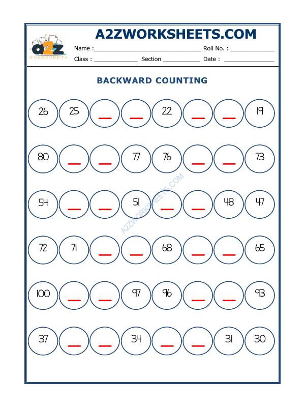 A2Zworksheets:Worksheet of Backward Counting - 12-Numbers-Maths