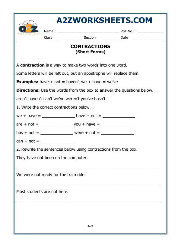 A2Zworksheets:Worksheet of Contractions (Short Forms)-Grammar-English