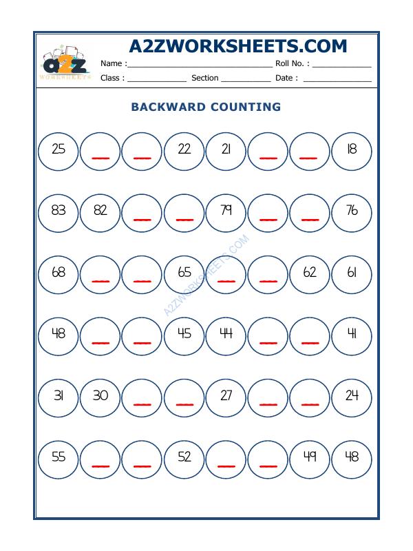 A2Zworksheets:Worksheet of Backward Counting - 13-Numbers-Maths